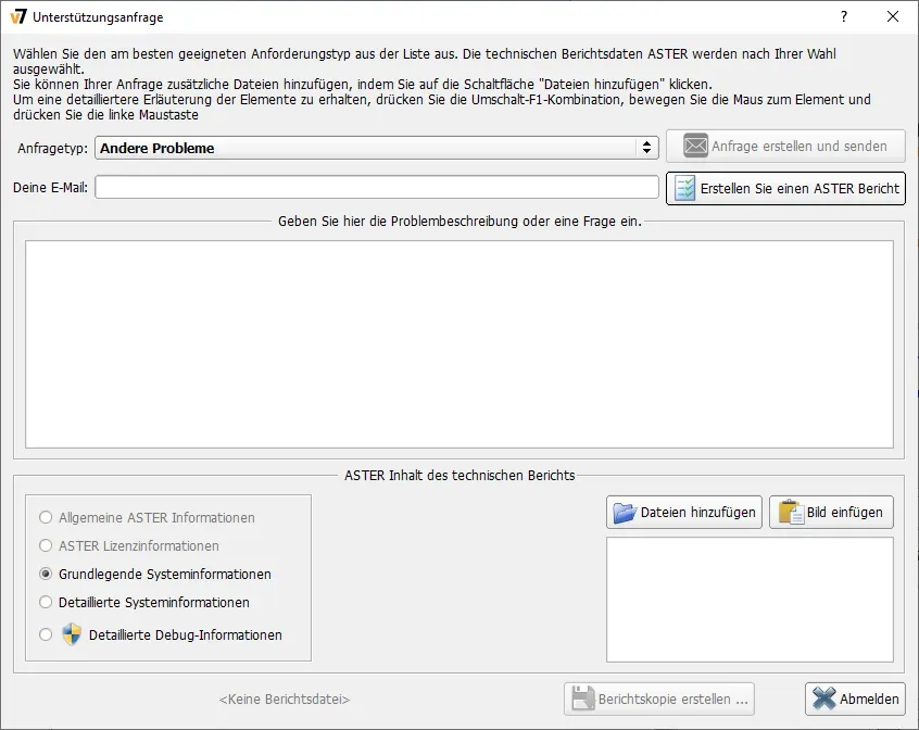 Das Fenster "Supportanfrage" [ASTER Wiki]