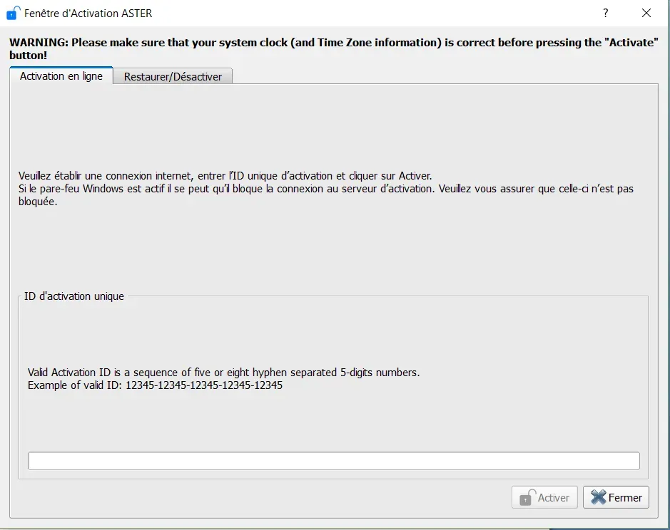 Onglet "Activation en ligne" [ASTER Wiki]