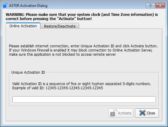 ASTER Activation Window [ASTER Wiki]